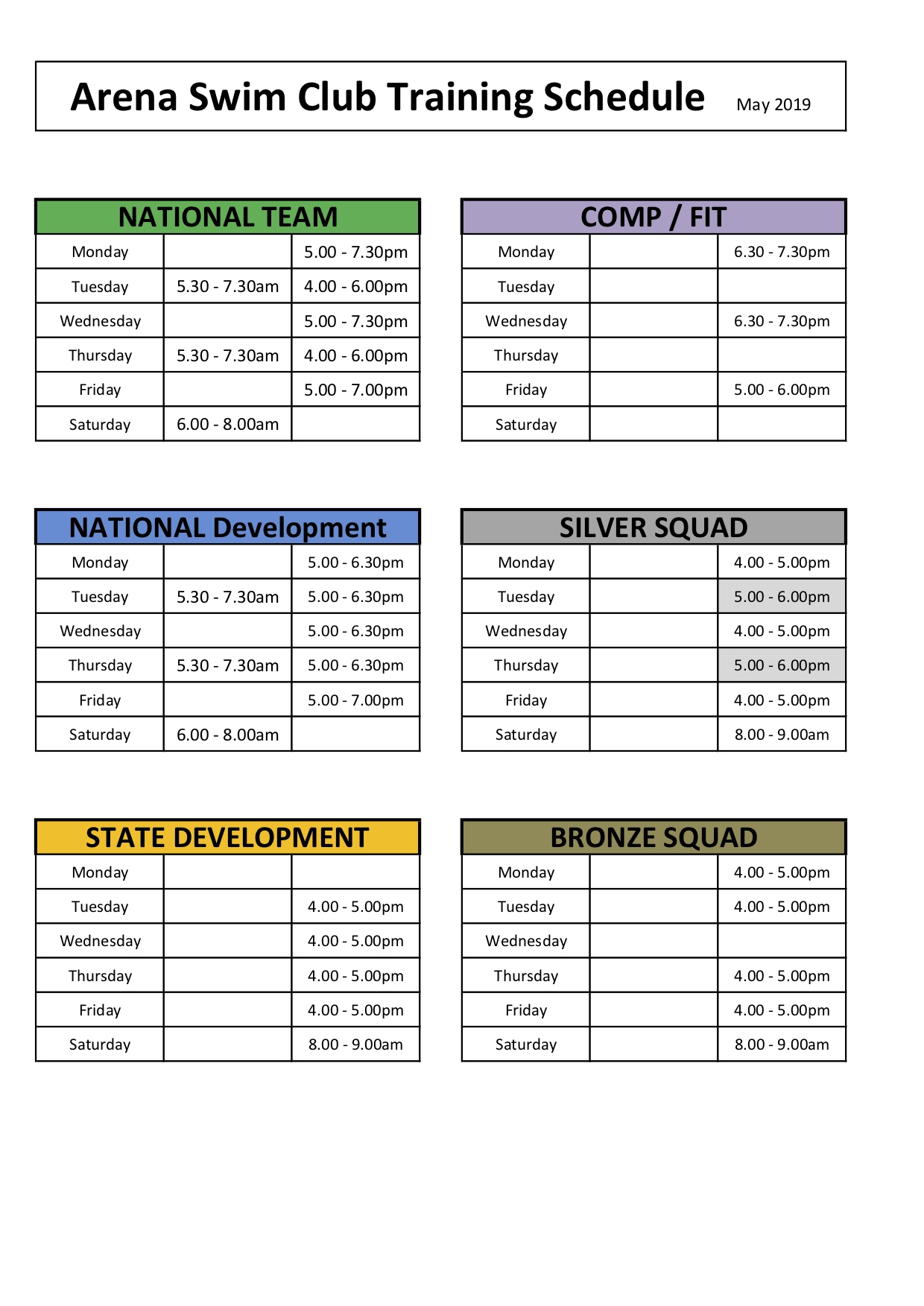 Squads Timetable | Arena Swim Club